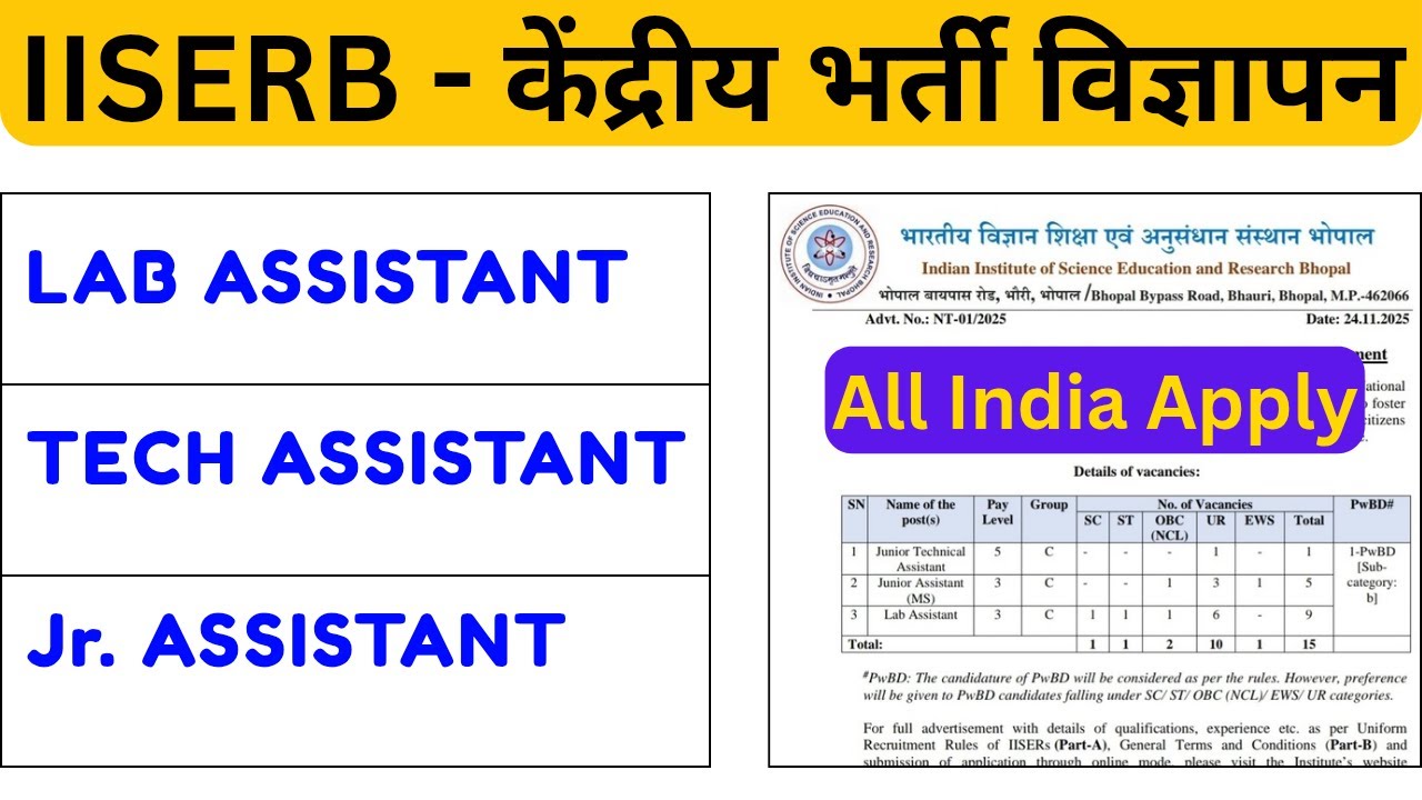 IISERB VACANCY 2025 - LAB ASSISTANT, JUNIOR ASSISTANT, TECHNICAL ...