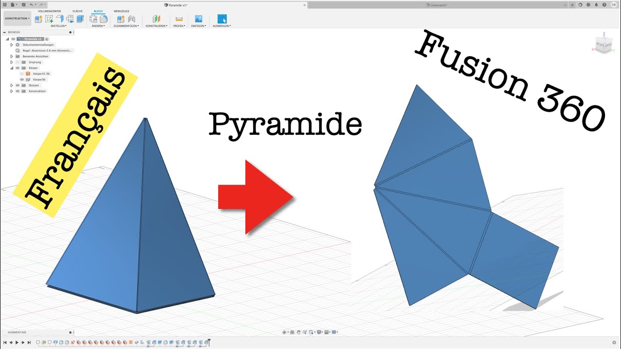 Fusion 360 Français, Pyramide en tôle et développement - YouTube