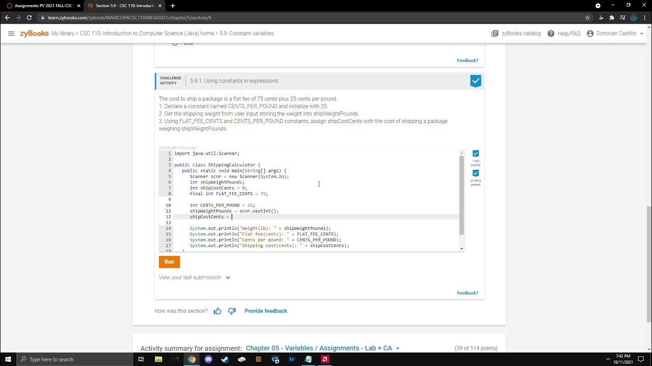 CSC 110AB - Challenge Activity 5.9.1: "Using constants in expressions" - YouTube