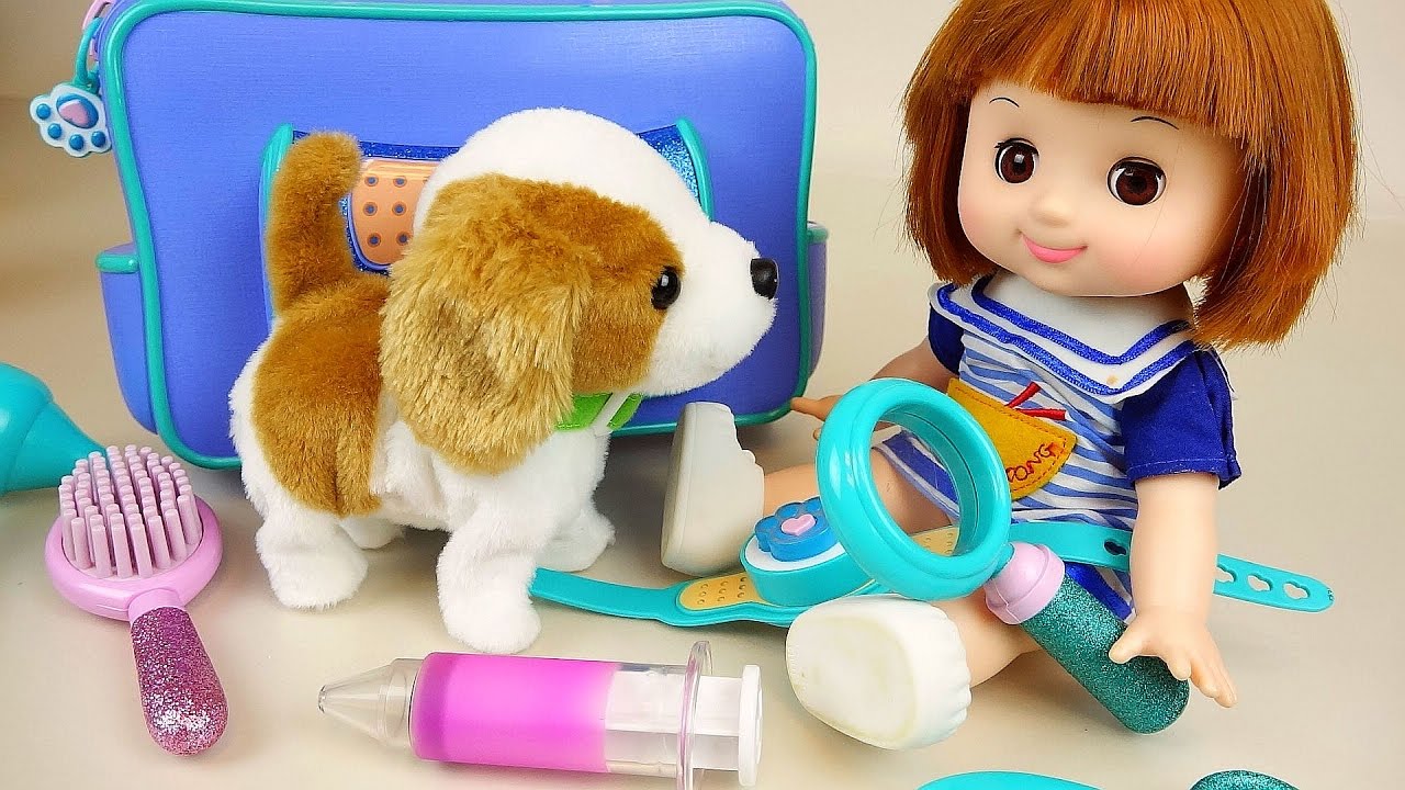Baby Doll and dog Pet vet doctor kit toys play - YouTube