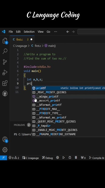 To Find Sum Of Two Number In C Language C Coding Clanguage Youtube