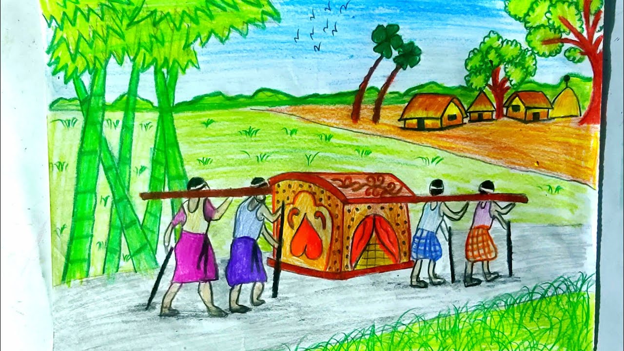 How to draw a scenery of Palanquin step by step || Palanquin drawing ...