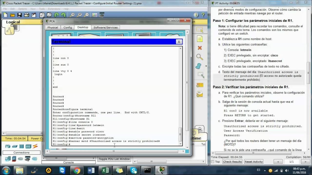Maira Zambrano-Laboratorio Cisco CCNA_1: 6.4.1.2 Packet Tracer Configure Initial Router Settings ...