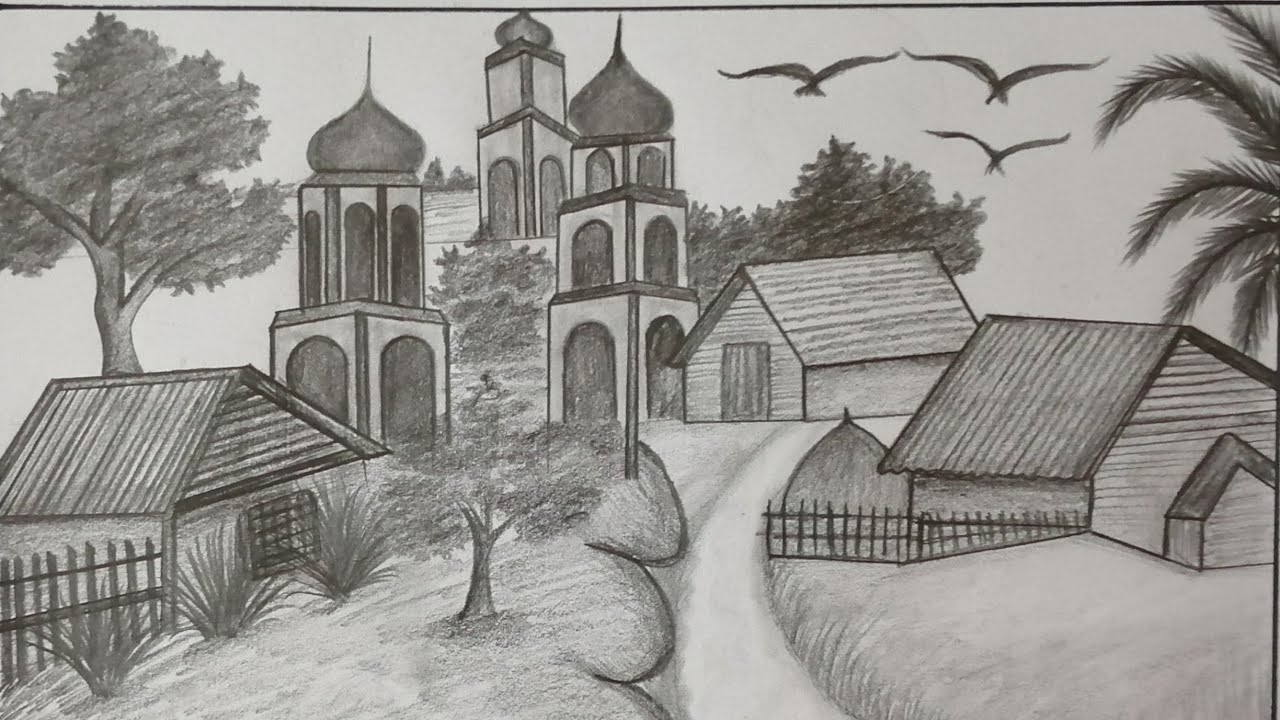 How to draw Beautiful Natural Scenery with pencil, Easy pencil drawing ...