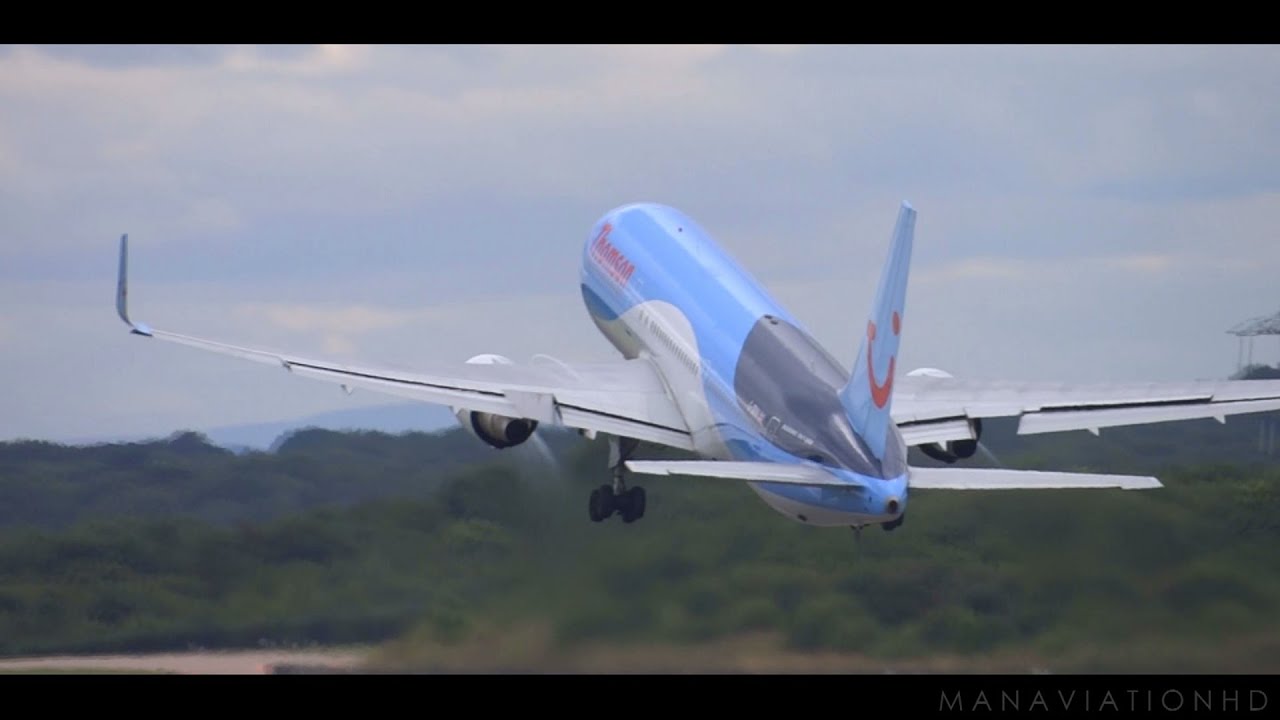 Thomson & Thomas Cook 767's Crosswind Take off's Manchester Airport ...