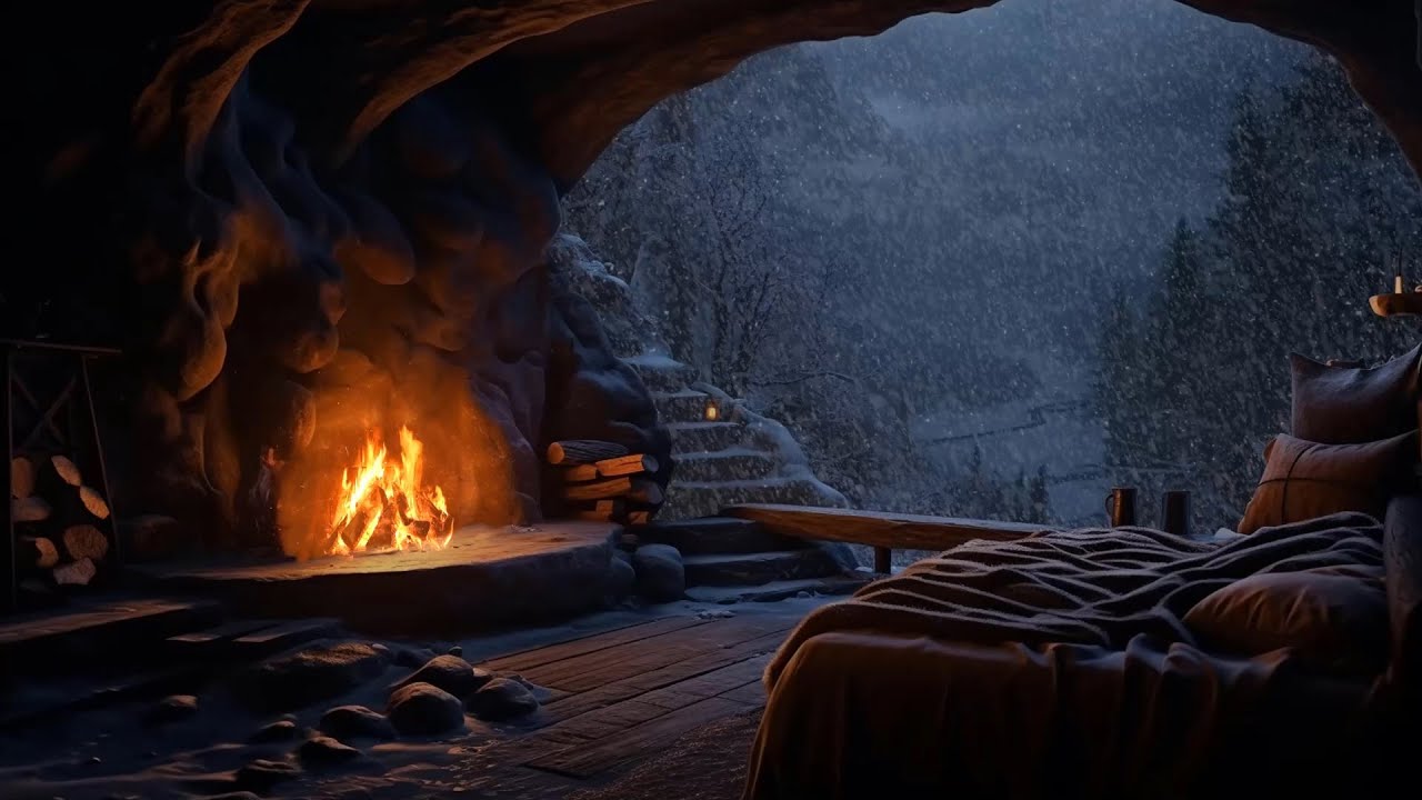 Winter Snow Cave Vibes with Howling Wind & Blizzard | Cozy Fireplace ...