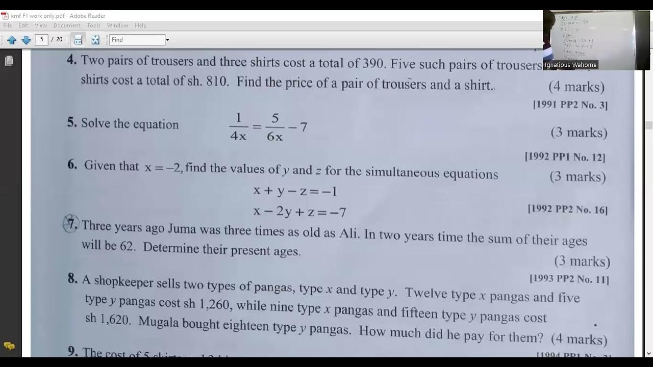 KCSE 1993 linear equations f1 by mr ignatius wahome - YouTube