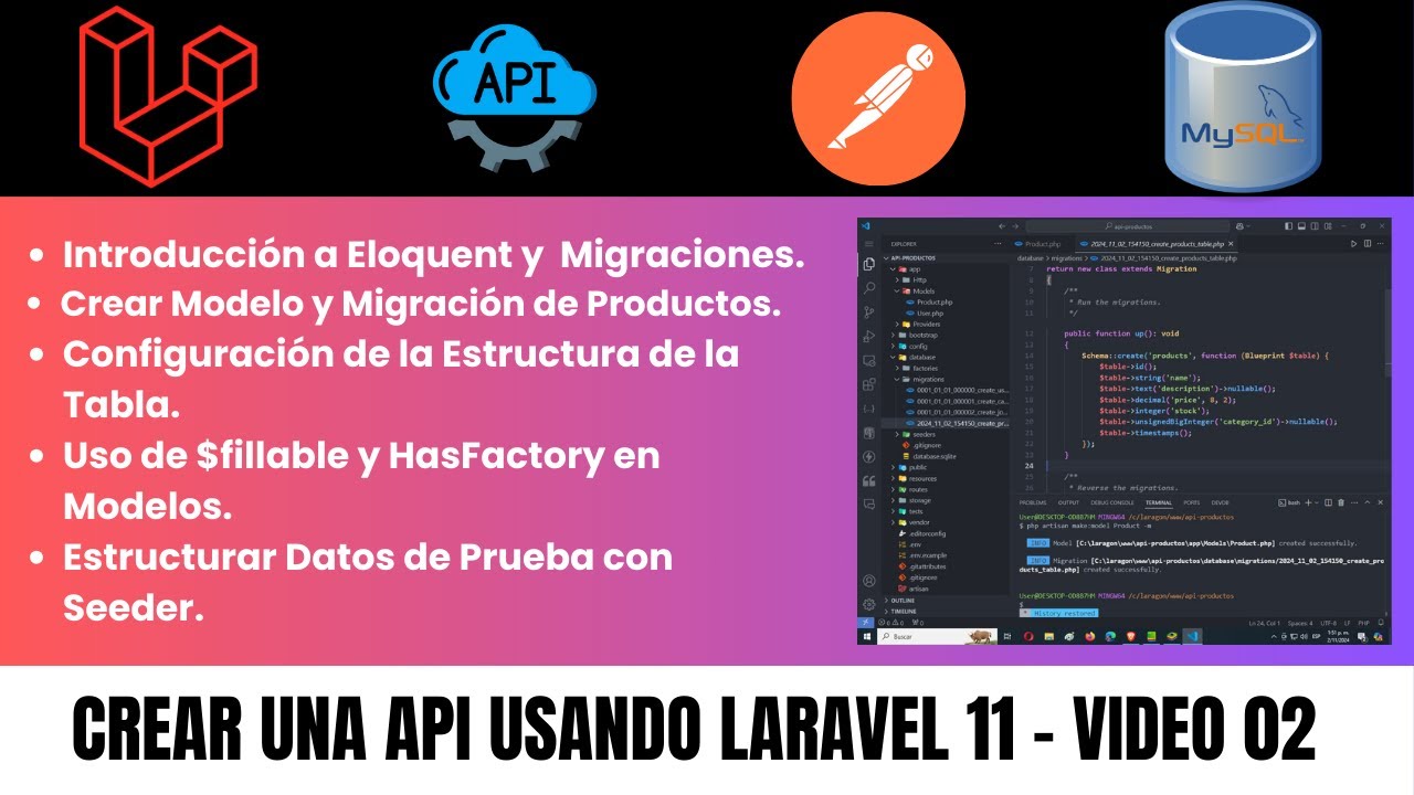 Crear una API usando LARAVEL 11 - Eloquent,Migraciones,Modelos y Estructura de Tablas - [Video ...