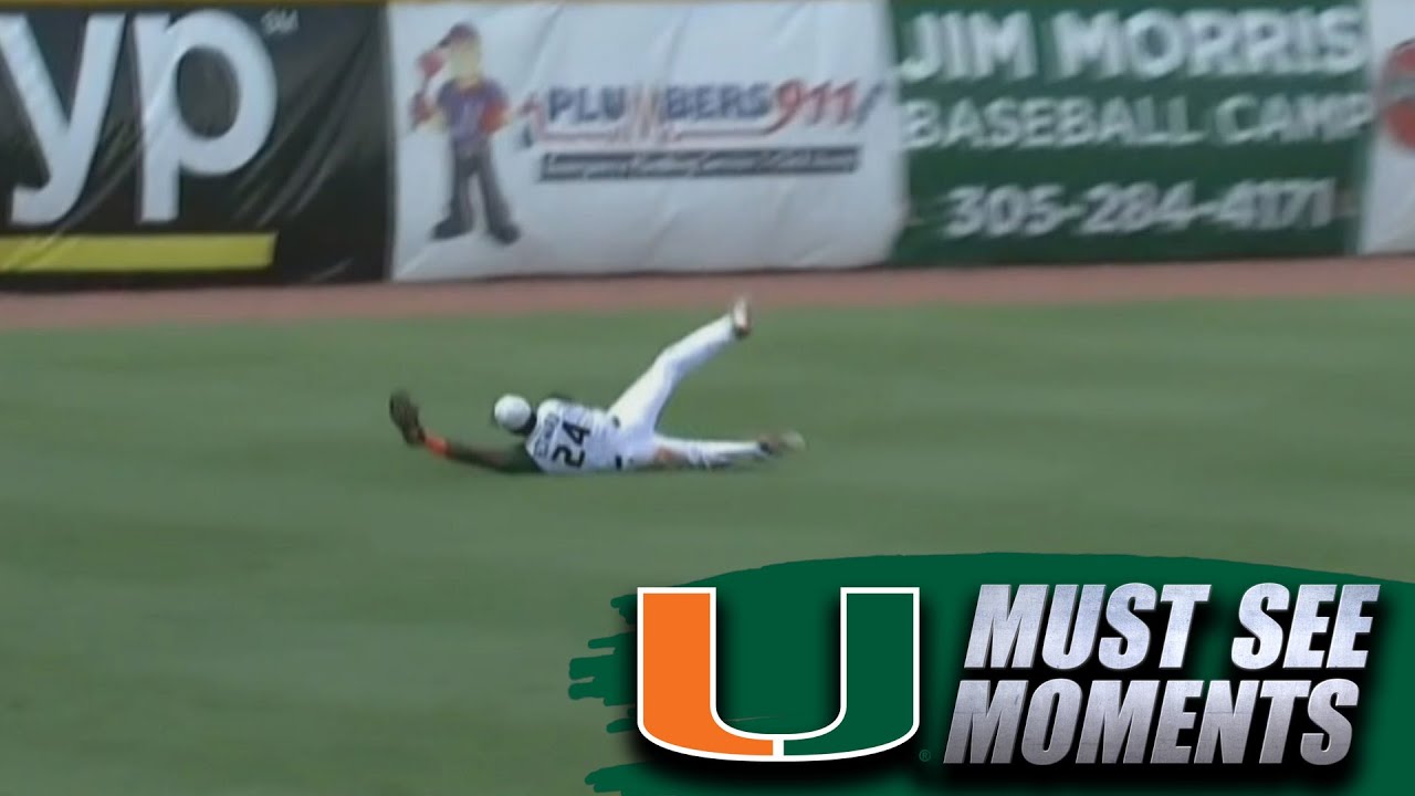 Jacob Heyward Full Extension Diving Catch for Miami Hurricanes Baseball ...