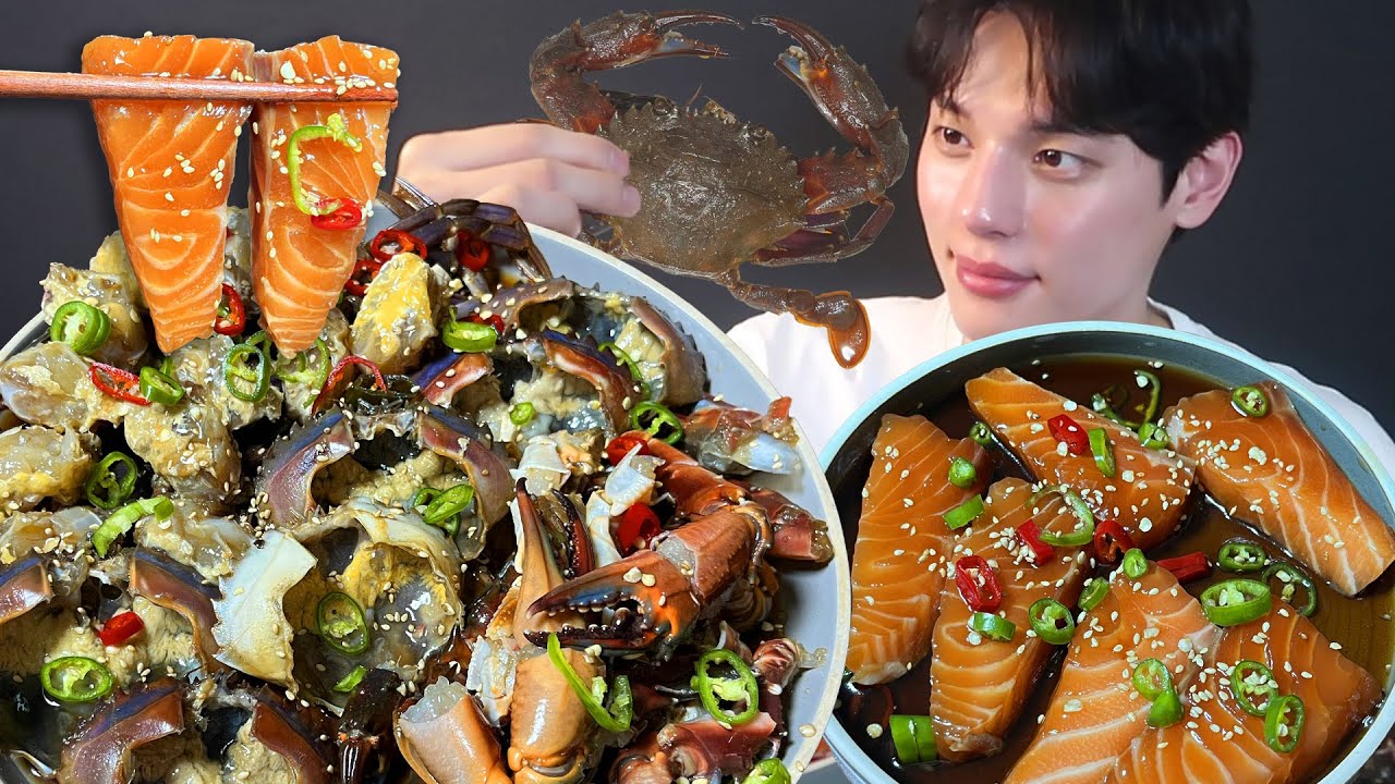SUB)돌게장 연어장 먹방! soy sauce marinated crab and soy sauce marinated salmon ...