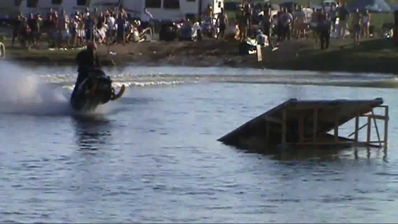 SNOWMOBILE WATER CROSSING WITH RAMP JUMP!!! - YouTube