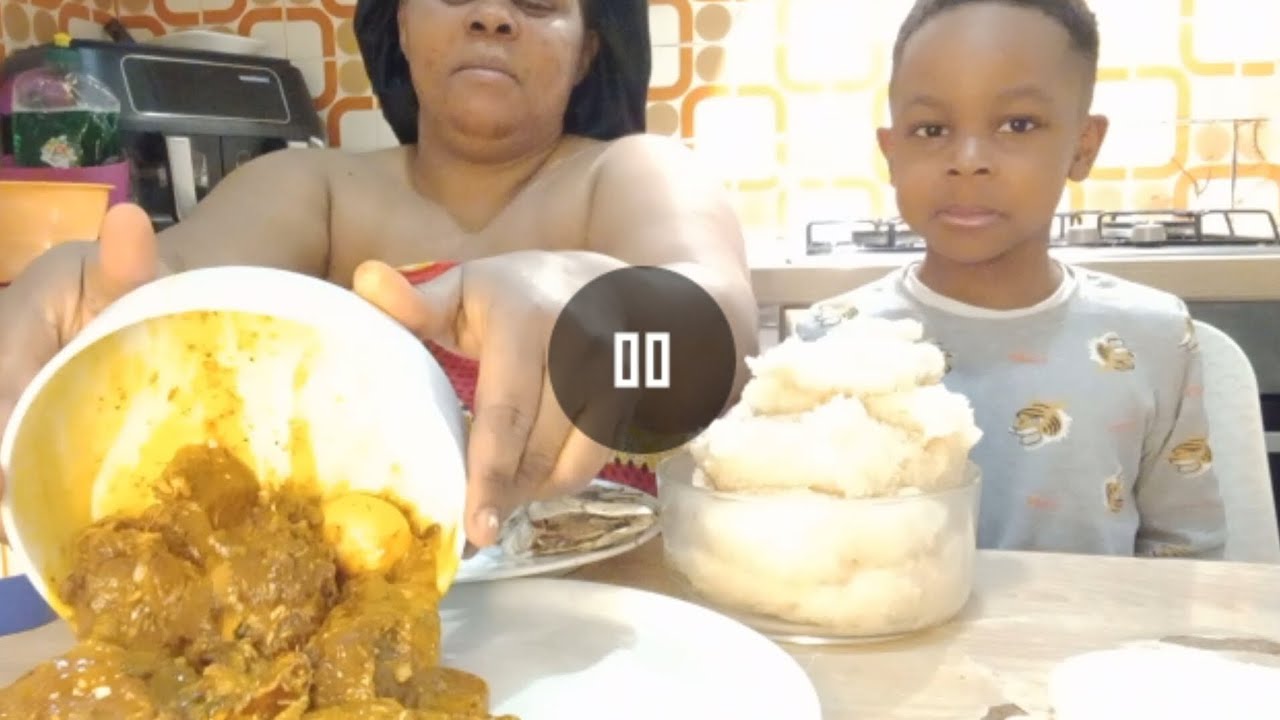 eating with my son papa Eba and Ogbono and eggs - YouTube