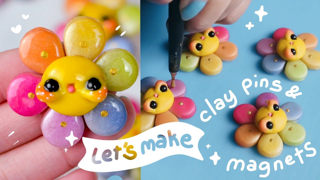 How I make clay pins/magnet Rainbow Flower beastie style! process video ...