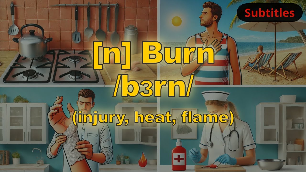 [n] Burn meaning (injury, heat, flame) with 5 examples - YouTube
