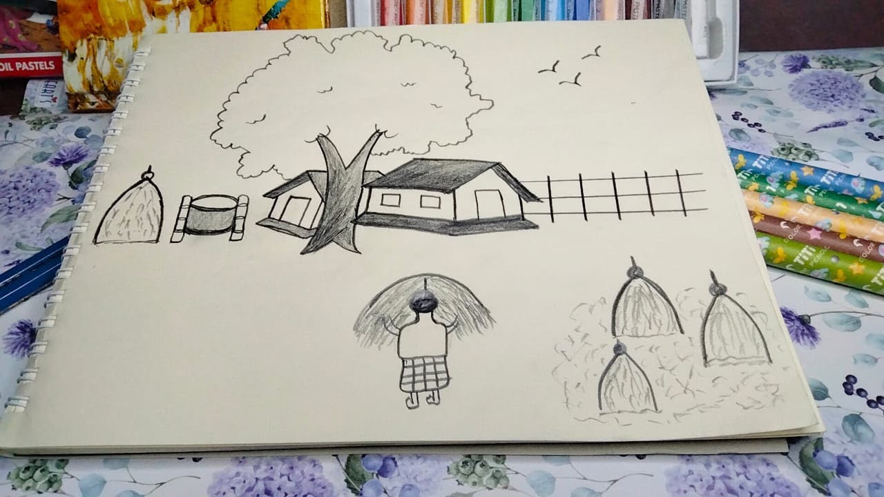 Rural Village Scenery Drawing by Pencil | Easy Drawing | Farmin Art ...