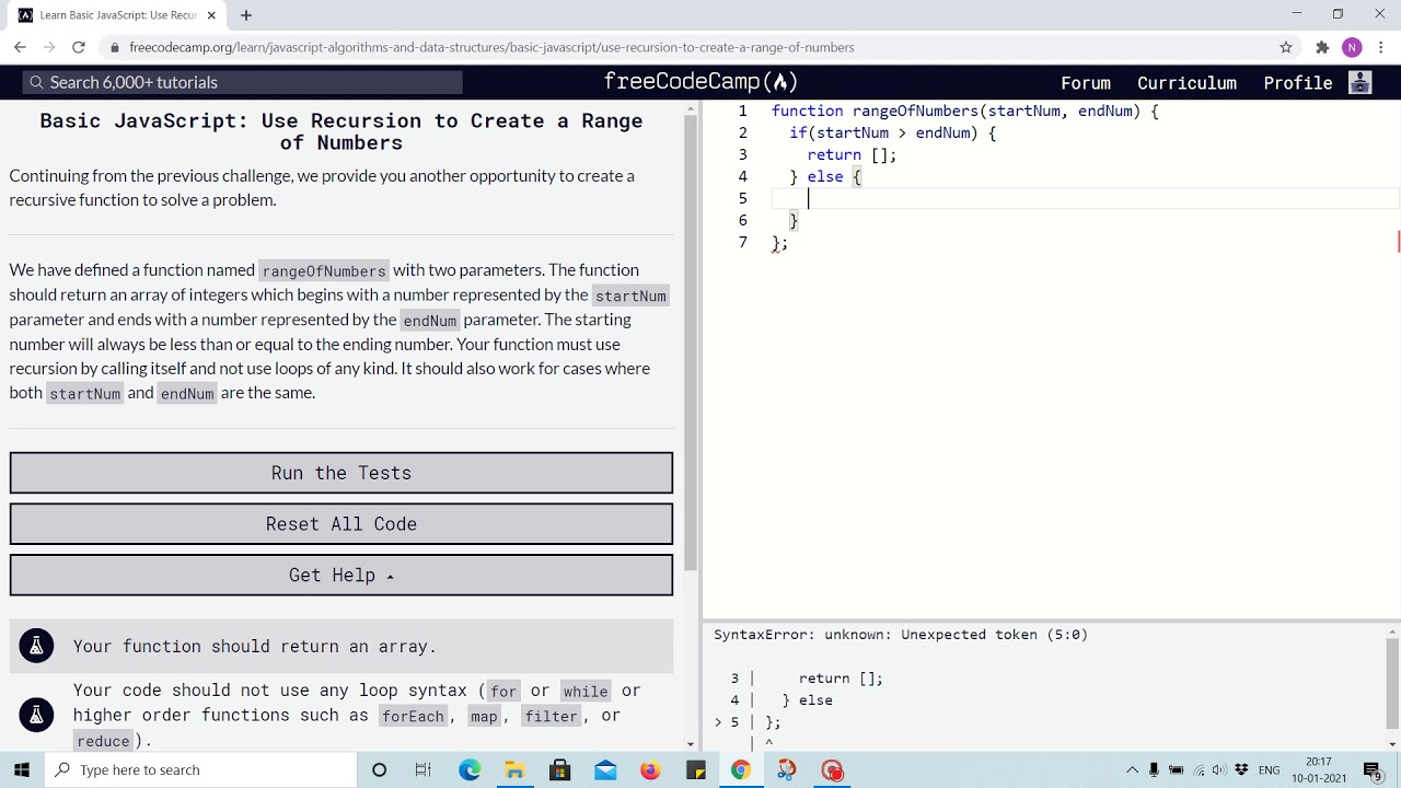 Lesson 111 - creation of range of numbers using recursion - freecodecamp - YouTube