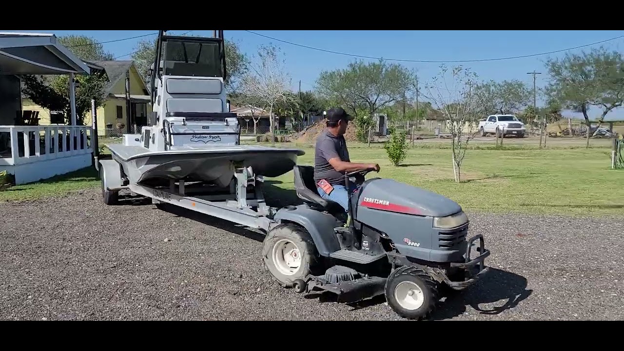 moving big Shallow water boat with powerful lawn mower - YouTube
