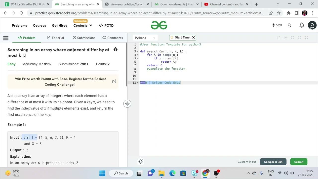 Searching in an array where adjacent differ by at most k | python ...