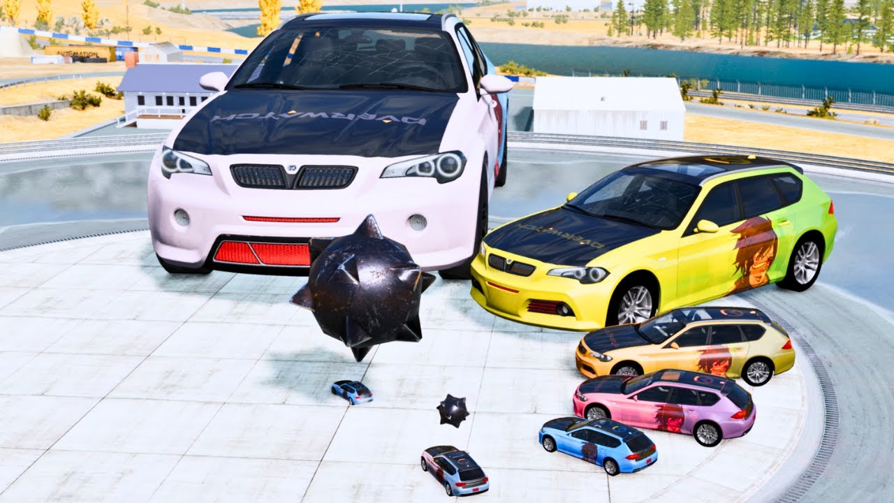 Small to giant Cars vs Spike Ball – BeamNG.drive - YouTube