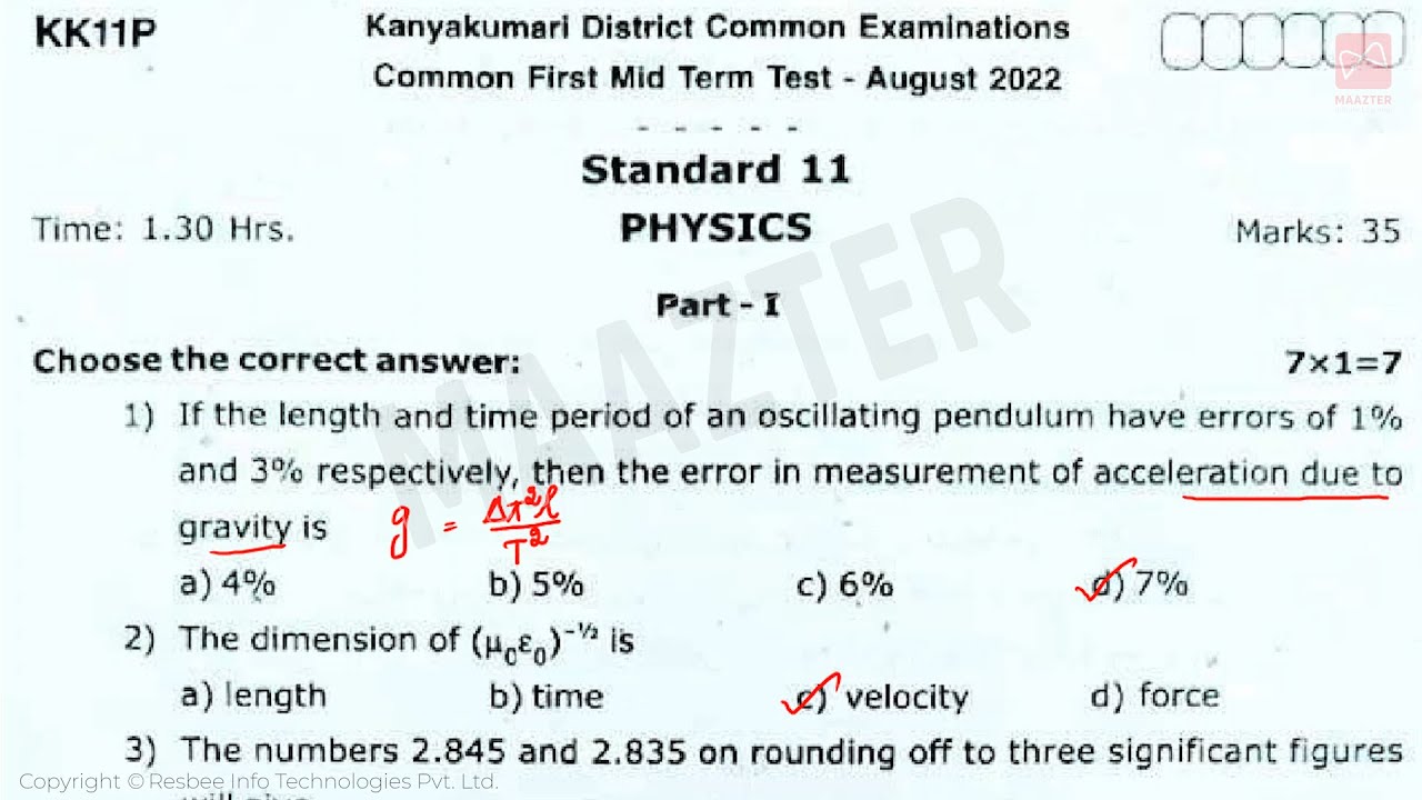 11th Mid-Term Question Paper | Physics | 2022 | TN | SAMACHEERKALVI ...
