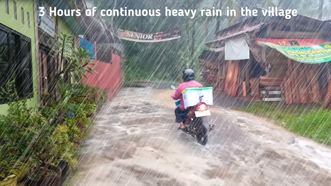 Super heavy rain in the village, Walking in heavy rain, 3 hours of ...