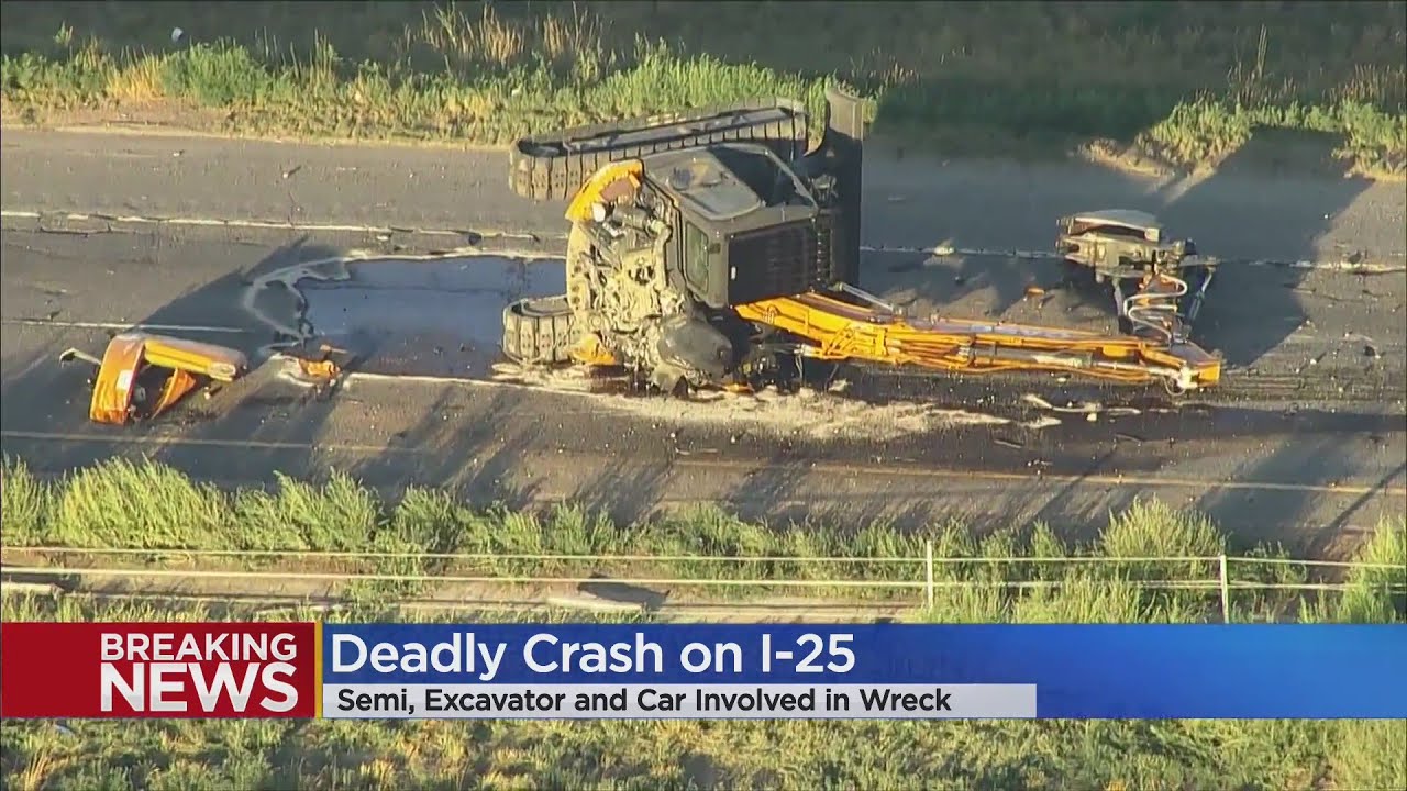 Excavator being hauled by semi crashes into bridge on I-25 in northern ...
