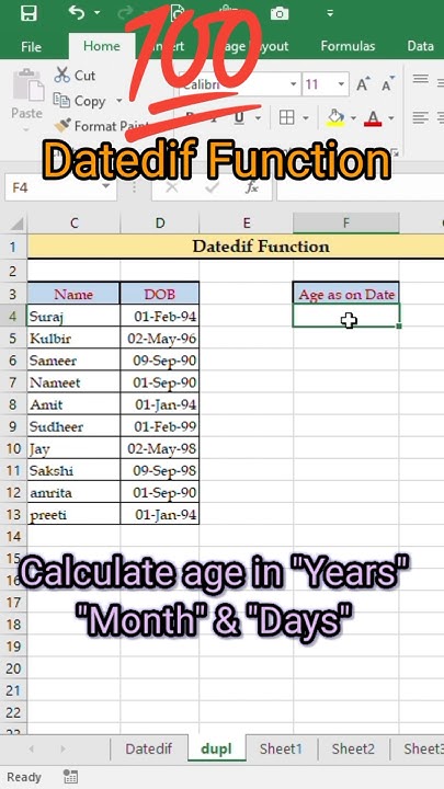 Age calculation in Excel #datedif #age calculator #exceltech#shorts #viral #excelworld # ...