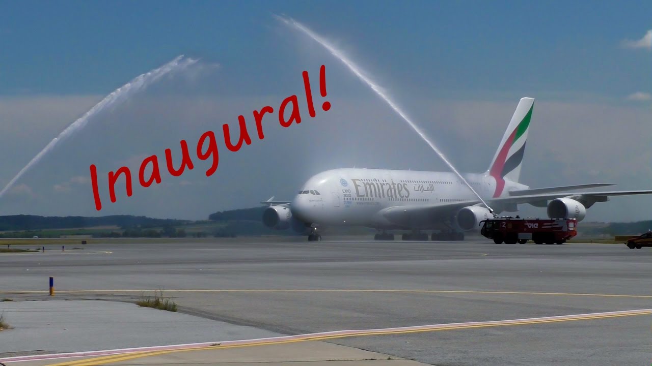 INAUGURAL FLIGHT! | Emirates A380 Water Salute & ULTRA Close-Up Action ...