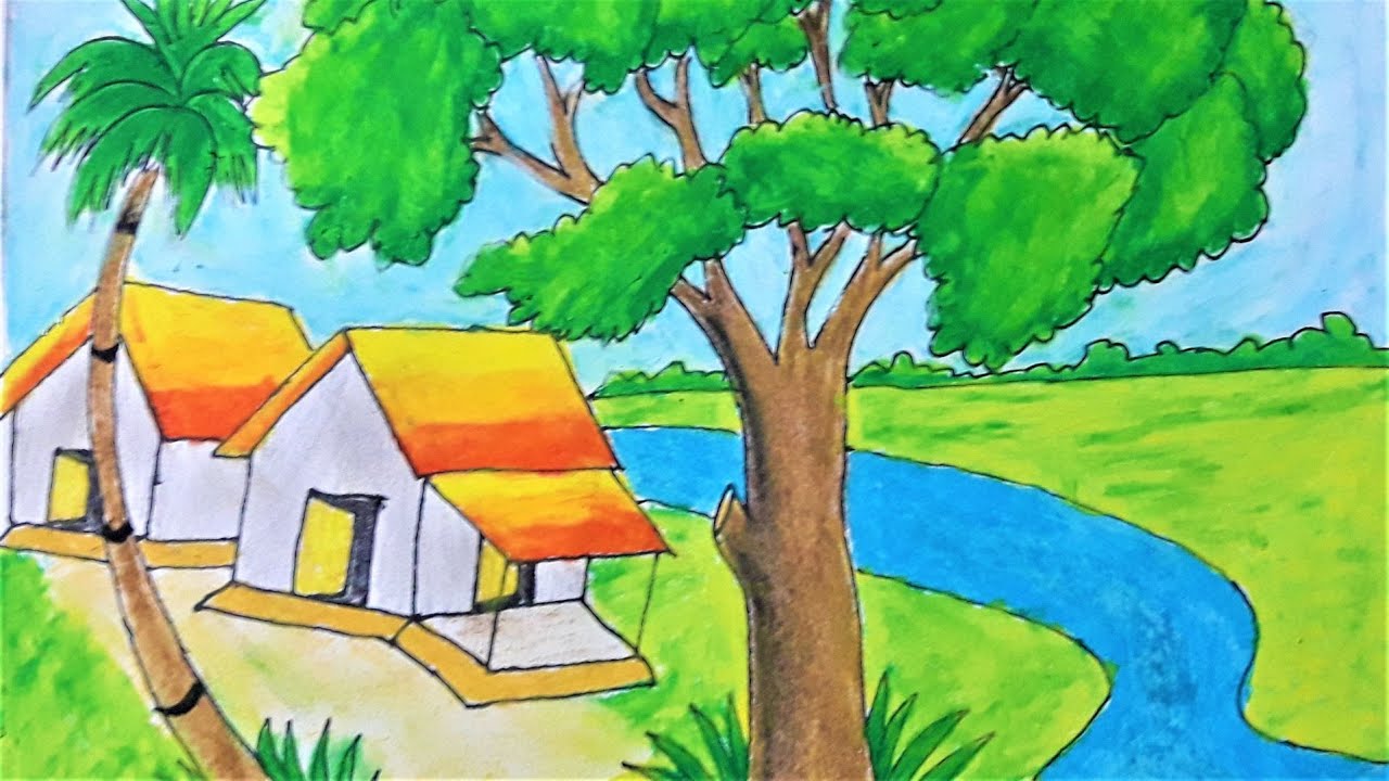 village scenery drawing | natural scenery drawing | simple village ...