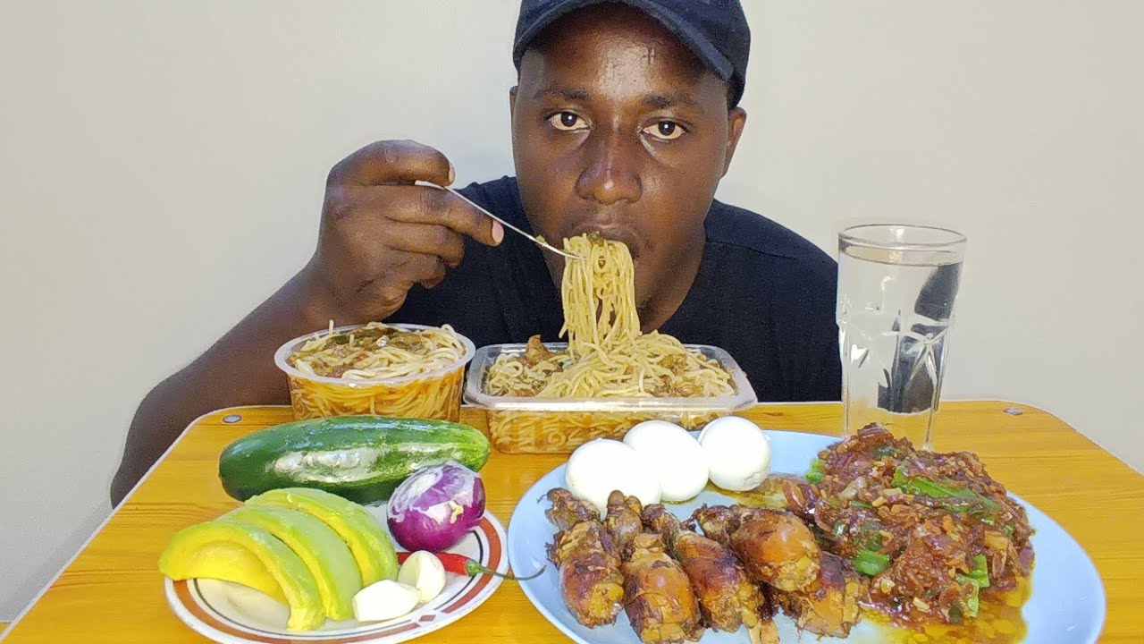 KENYAN MUKBANG/ASMR; EATING CHICKEN DRUMSTICKS, EGGS, SPAGHETTI, OKRA ...