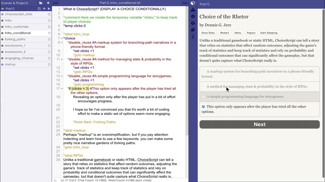 Part 0: ChoiceScript overview (intro to gameplay; preview of code; crafting meaningful choices ...