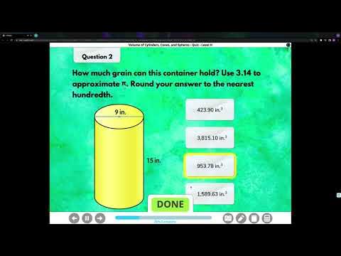 I-ready quiz for: Volume of Cylinders, Cones, and Spheres (Level H ...