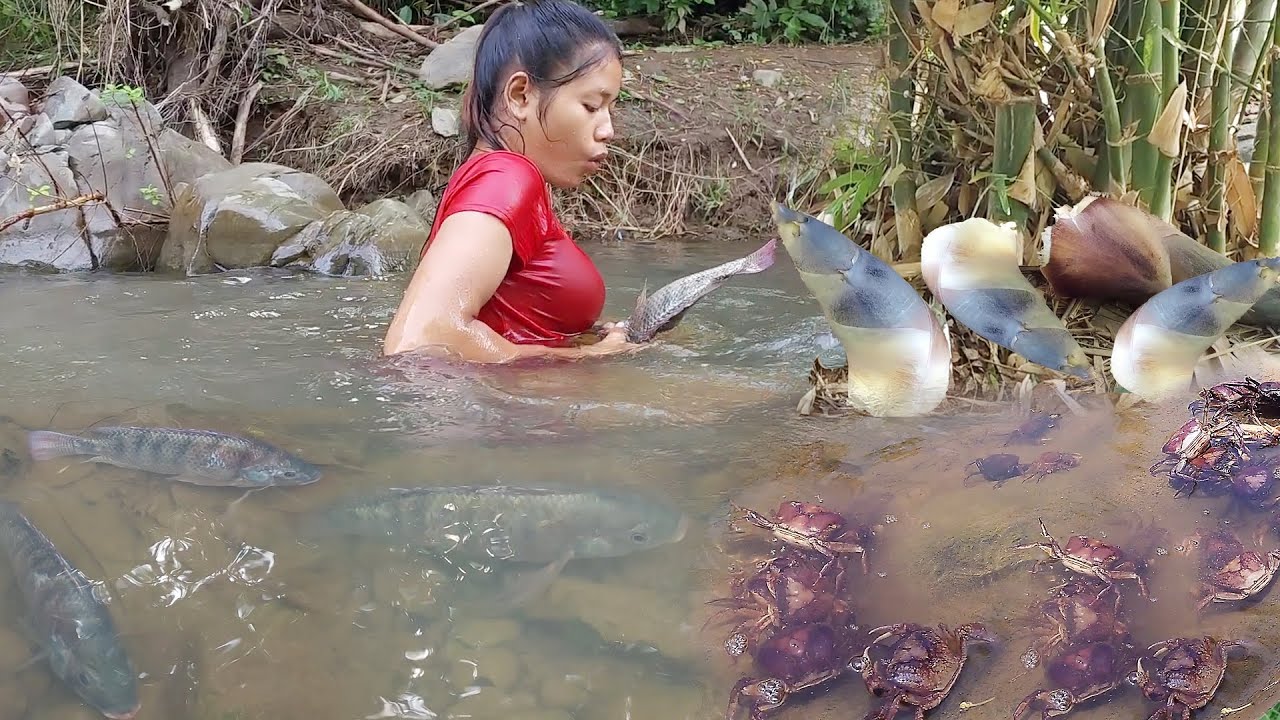 Catch fish and crab for food of survival, Fish grilled so delicious ...