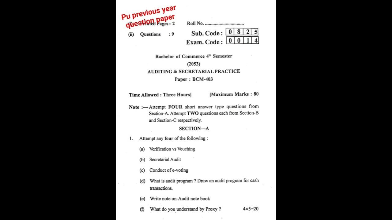 BCOM 4th Sem (AUDITING & SECRETARIAL PRACTICE) PU question paper 2022-23 - YouTube