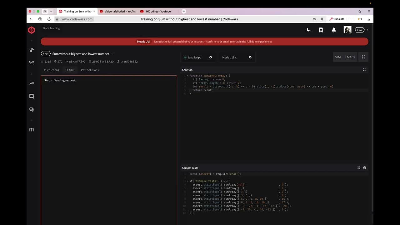 Sum without highest and lowest number - Codewars JavaScript - YouTube
