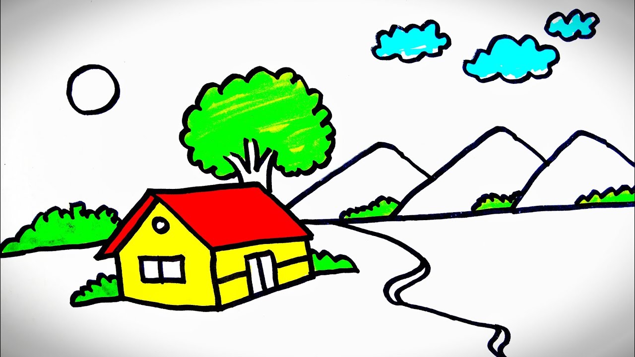 Mountain River House Tree Scenery Drawing || Easy House Scenery Drawing ...