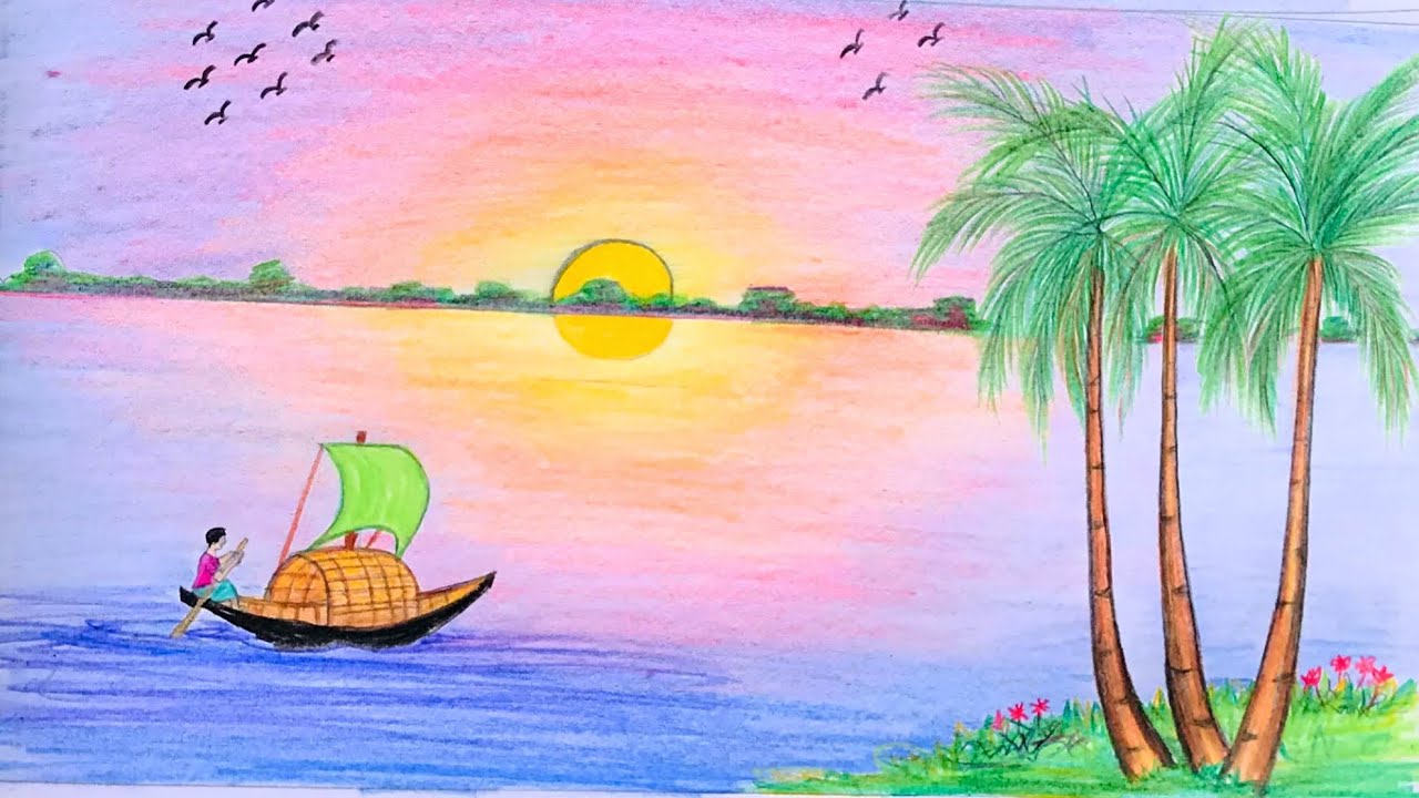 How to draw a Sunrise scenery (very easy) step by step - YouTube