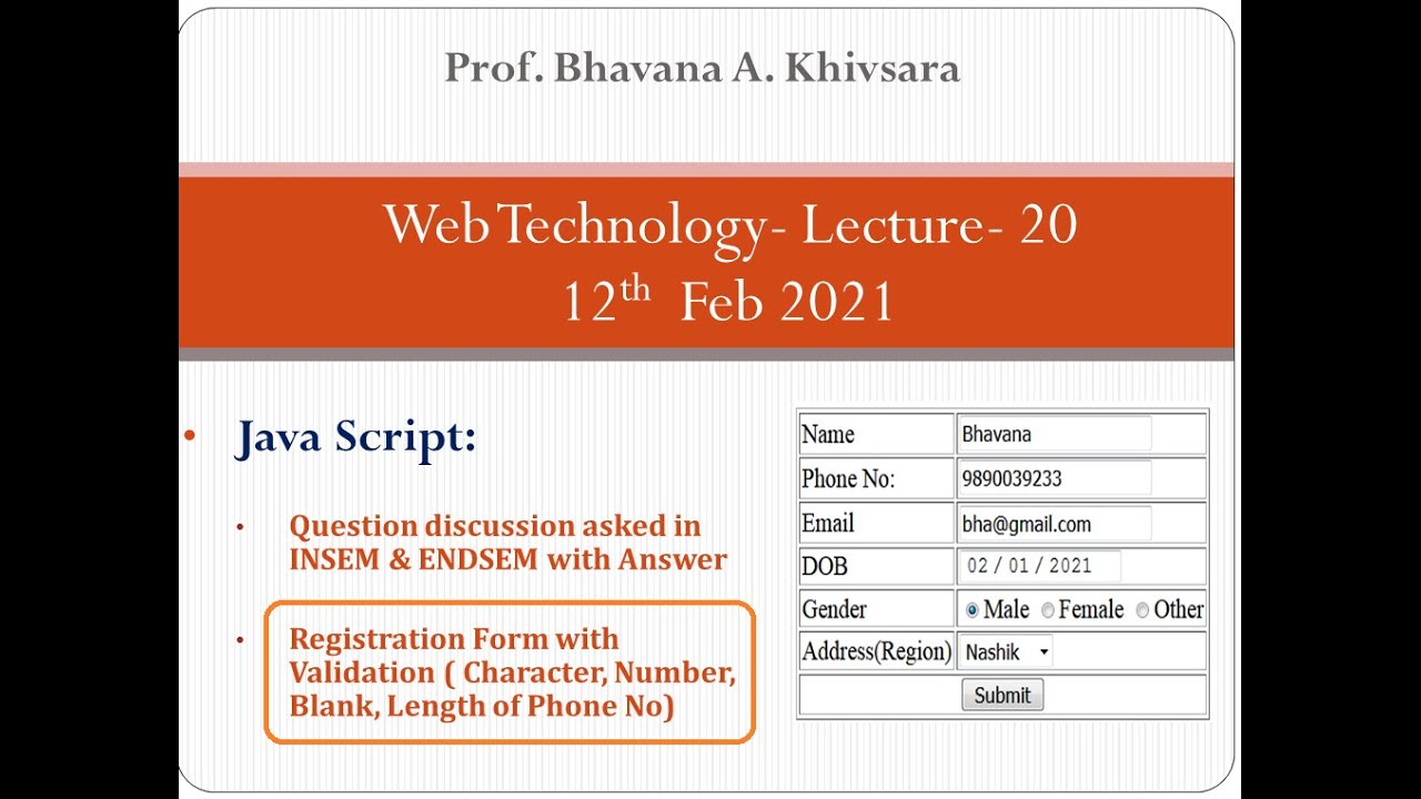 Java Script Question & Answer asked in INSEM & ENDSEM Paper, Registration Form with Validation ...