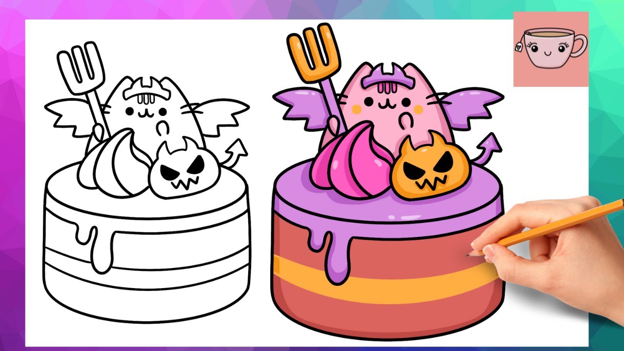 How To Draw Pusheen Cat - Devil's Food Cake | Halloween | Cute Easy ...