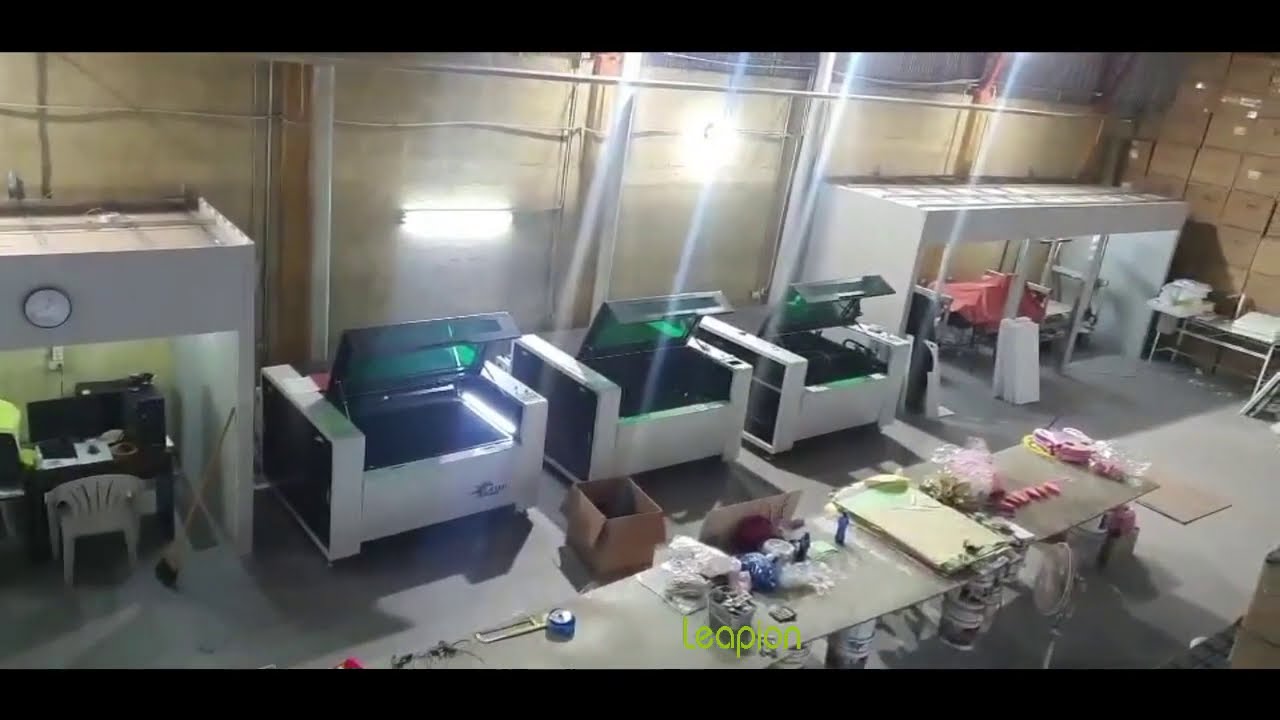 Leapion 6 sets of 1390 CO2 laser machine in customer's factory - YouTube