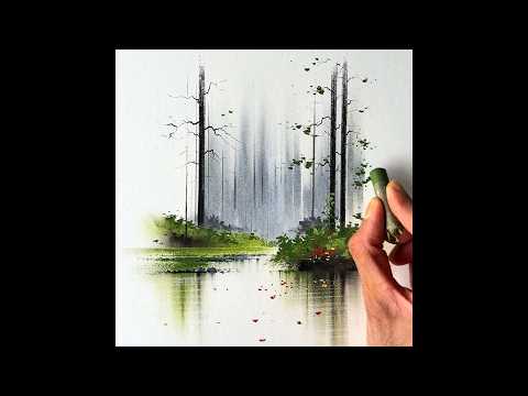 Beautiful winter forest scenery drawing with oil pastel
