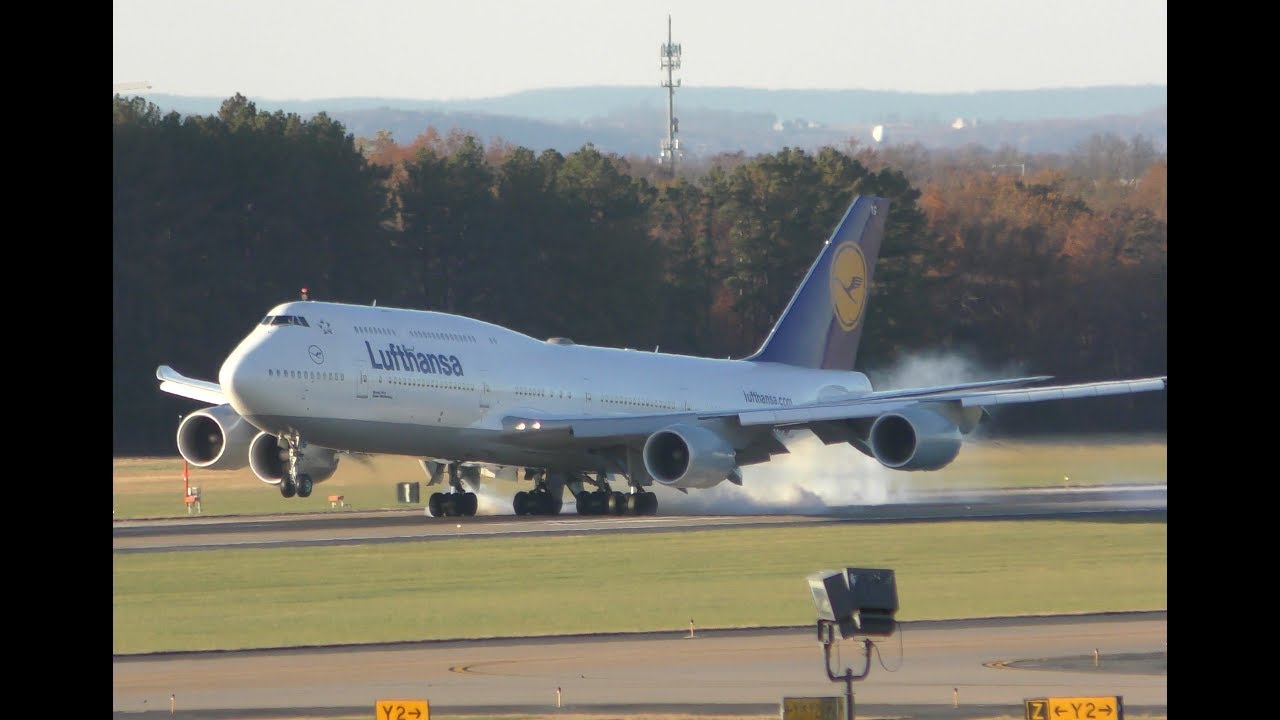 4K plane spotting Lufthansa 747-8 Heavy landing @ Washington Dulles IAD ...