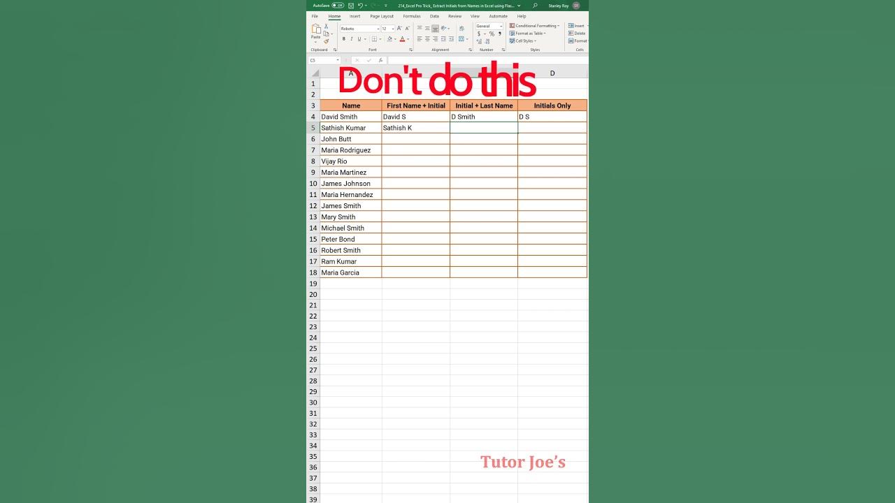 Extracting Initials from Names in Excel | Tutor Joes - YouTube
