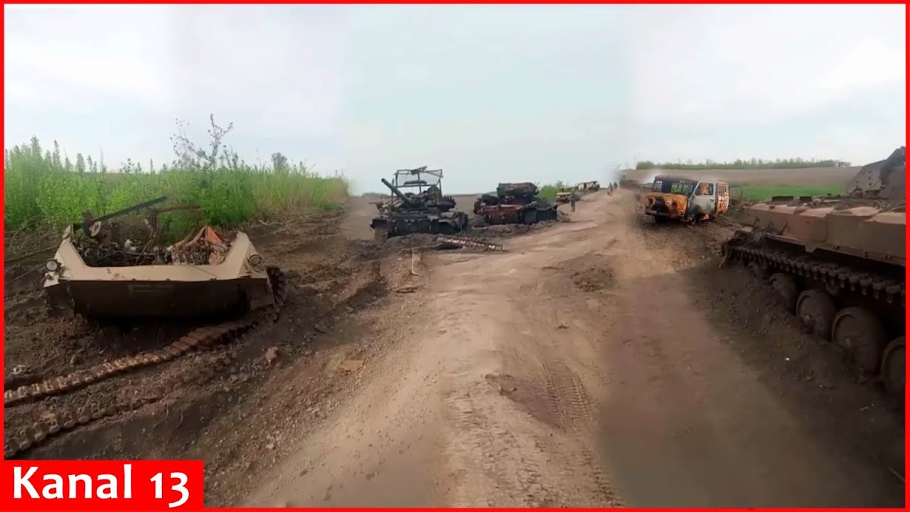Image of destroyed Russian vehicles along road in Zaporozhye - tanks ...