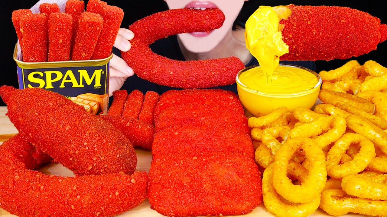 ASMR HOT CHEETOS KIELBASA SAUSAGE SPAM ONION RINGS COOKING MUKBANG 소세지 ...