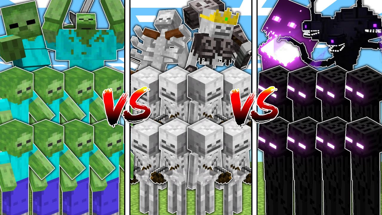 ZOMBIES vs SKELETONS vs ENDERMEN in Mob Battle - YouTube