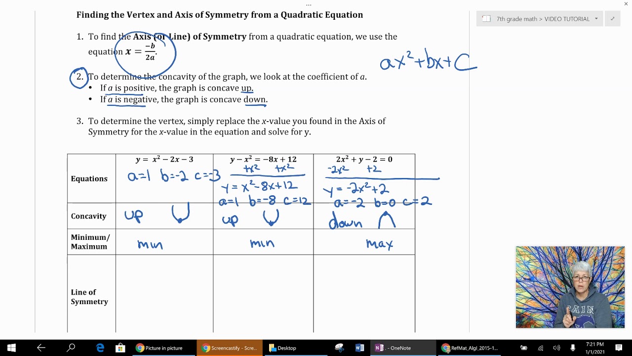 7.2 Notes Finding Vertex & Axis of Symmetry from a Quadratic Equation ...