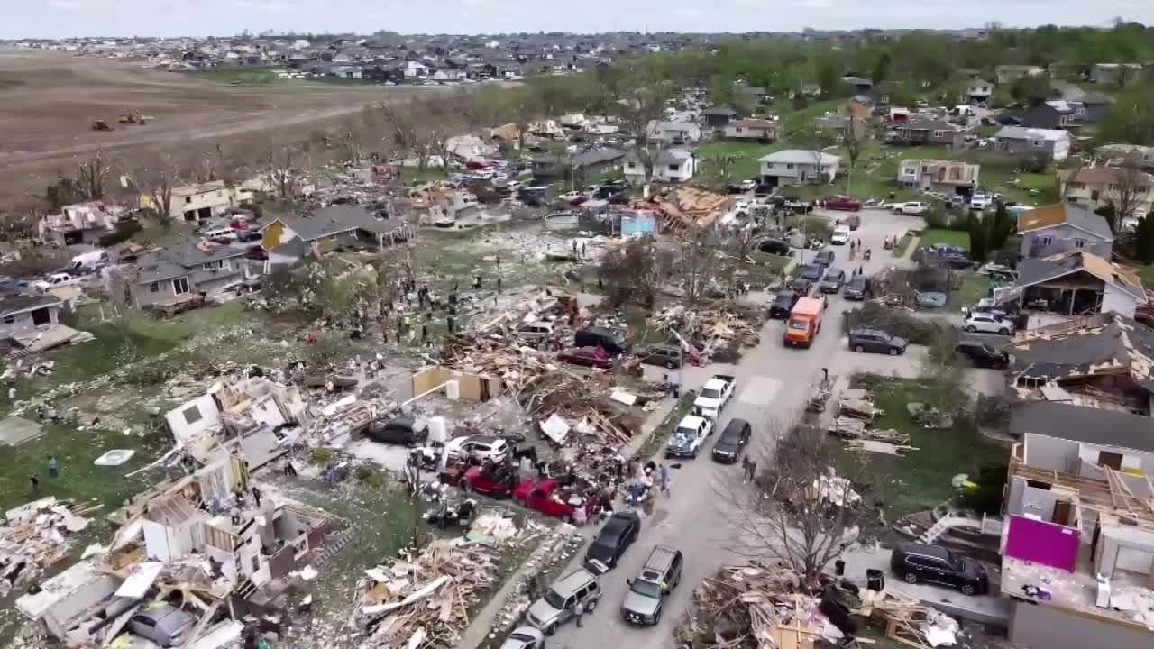 Aerial view of extensive tornado damage in Ramblewood neighborhood of ...