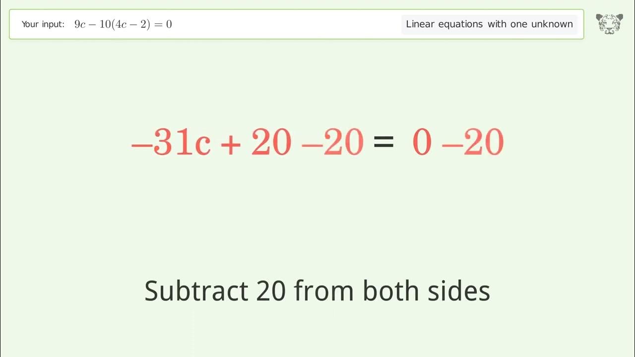Linear equation with one unknown: Solve 9c-10(4c-2)=0 step-by-step ...