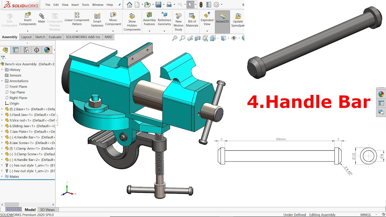 Clamp Mini Bench Vice in SolidWorks #4 Handle Bar - YouTube